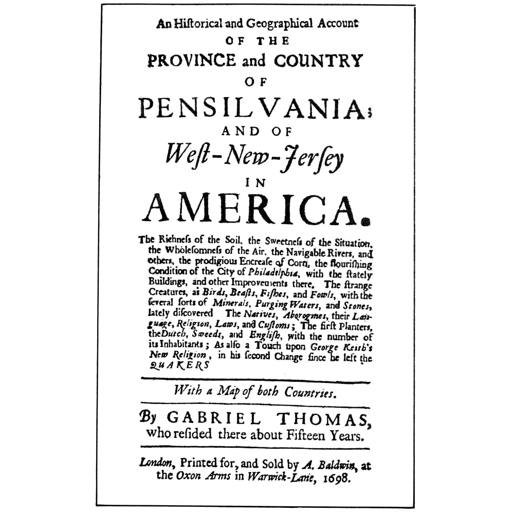 Colonial Pamphlet 1698. Ntitle-Page Of Gabriel Thomas' Promotional ...