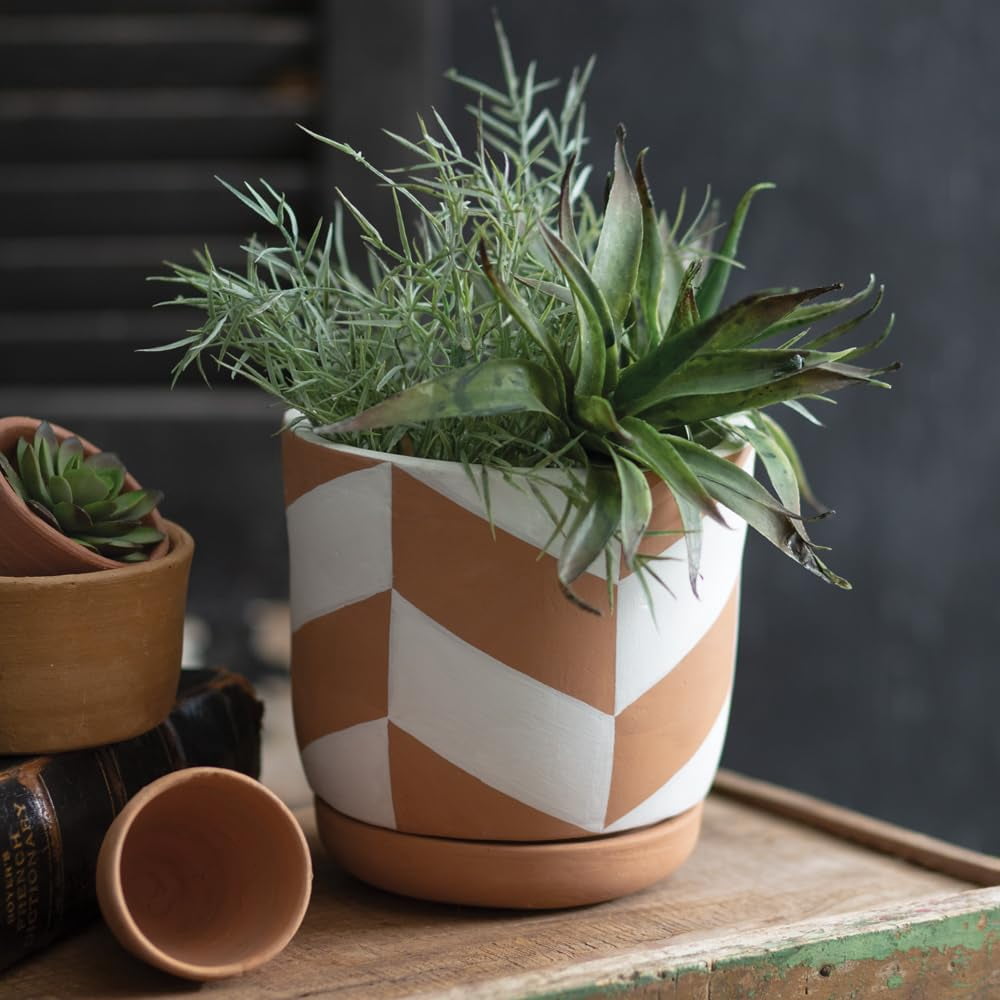 Colonial Tin Works Chevron Terra Cotta Pot and Plate, 6.25-inch Height ...
