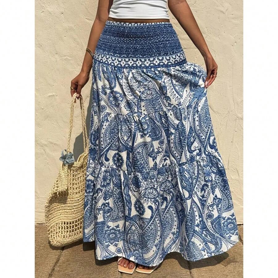 Color 1 Women Blue And White Printed Boho Tiered Maxi Skirt With ...