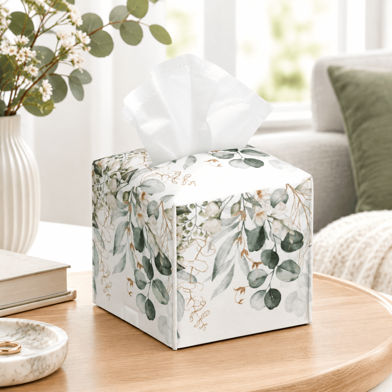Color-11 Square Watercolor Eucalyptus Leaves and Flowers Leather Facial ...
