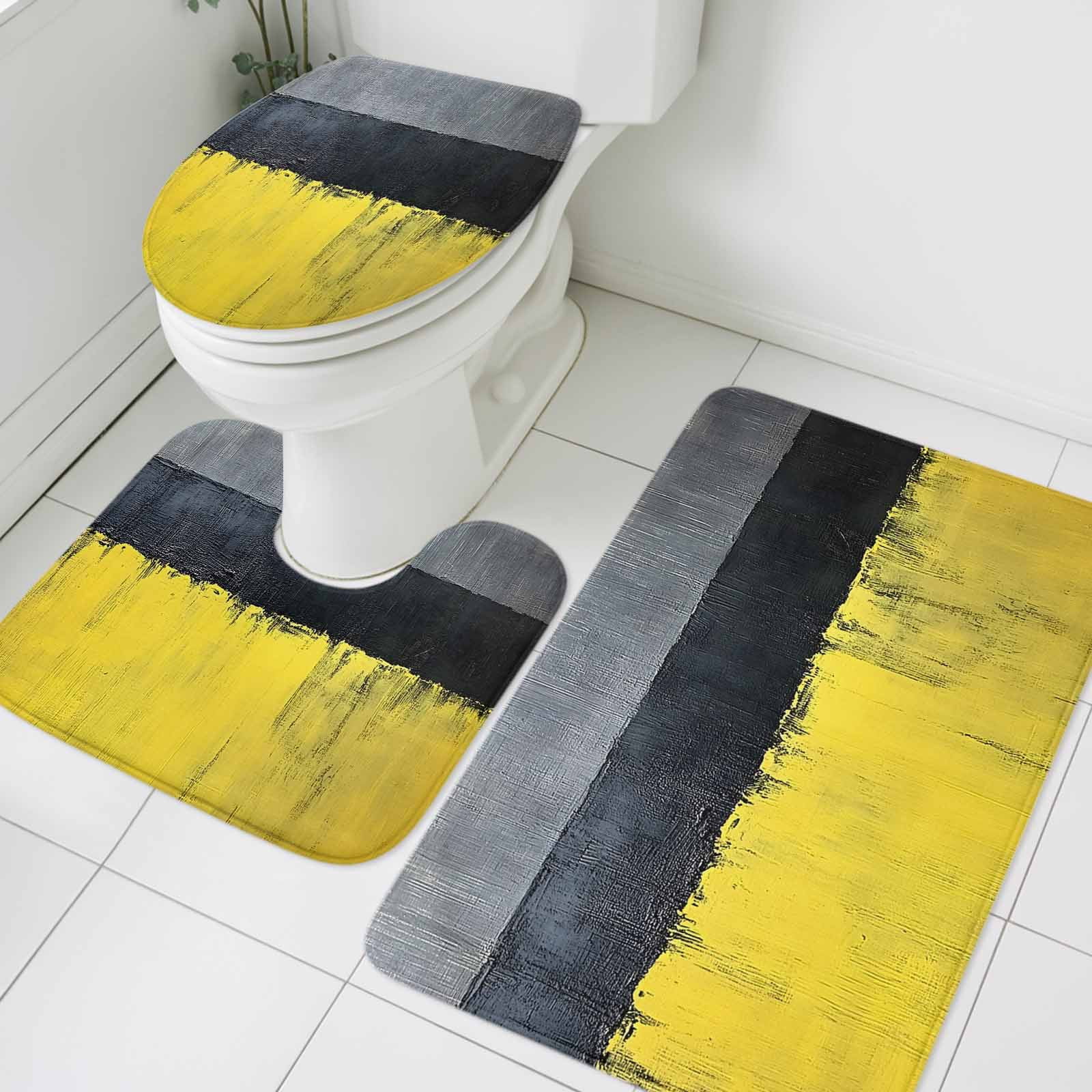 Color Block Bathroom Rugs Set Black Yellow Non Slip Absorbent Soft Bath ...