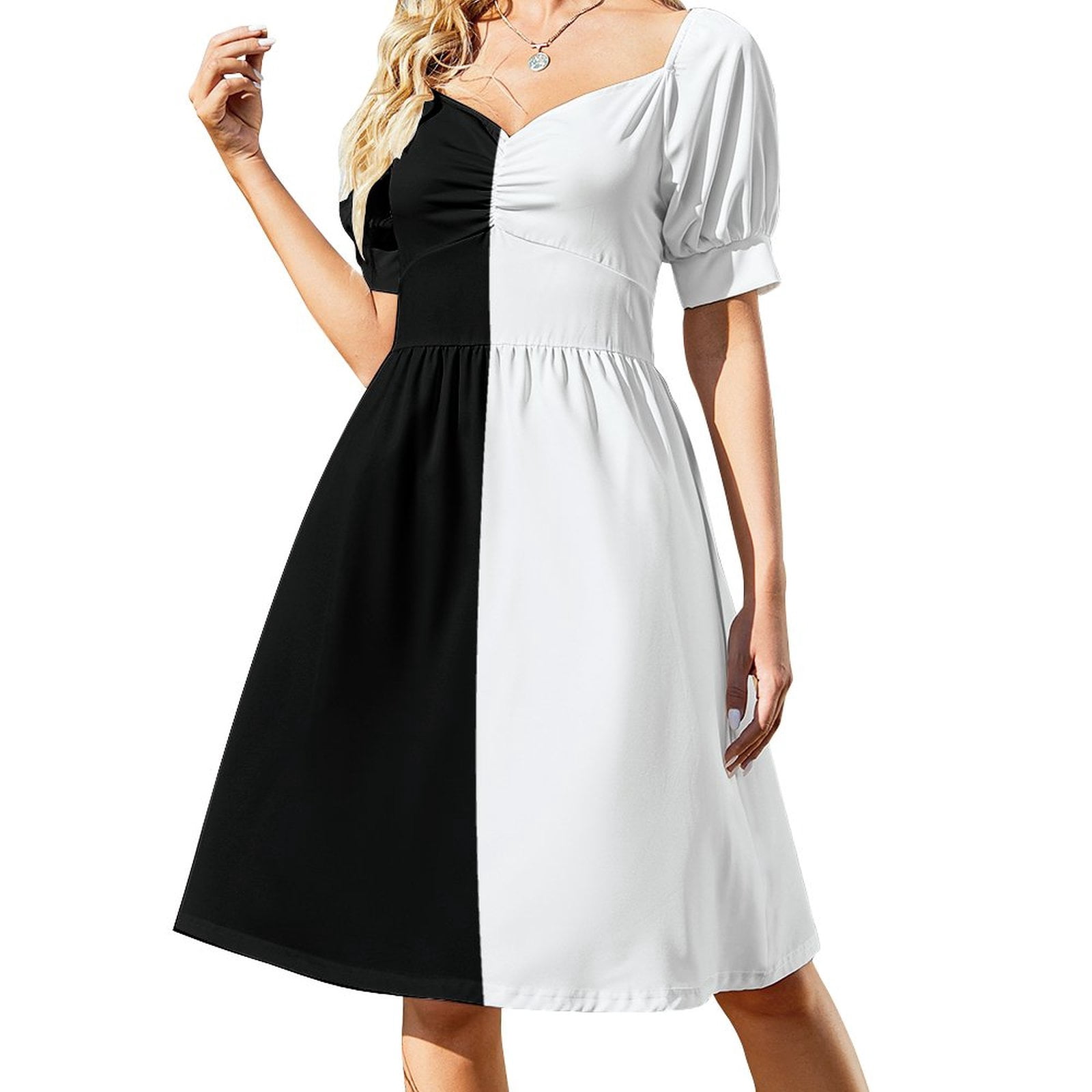 Color Block Black White Retro Pattern Dress Women dresses summer prom ...