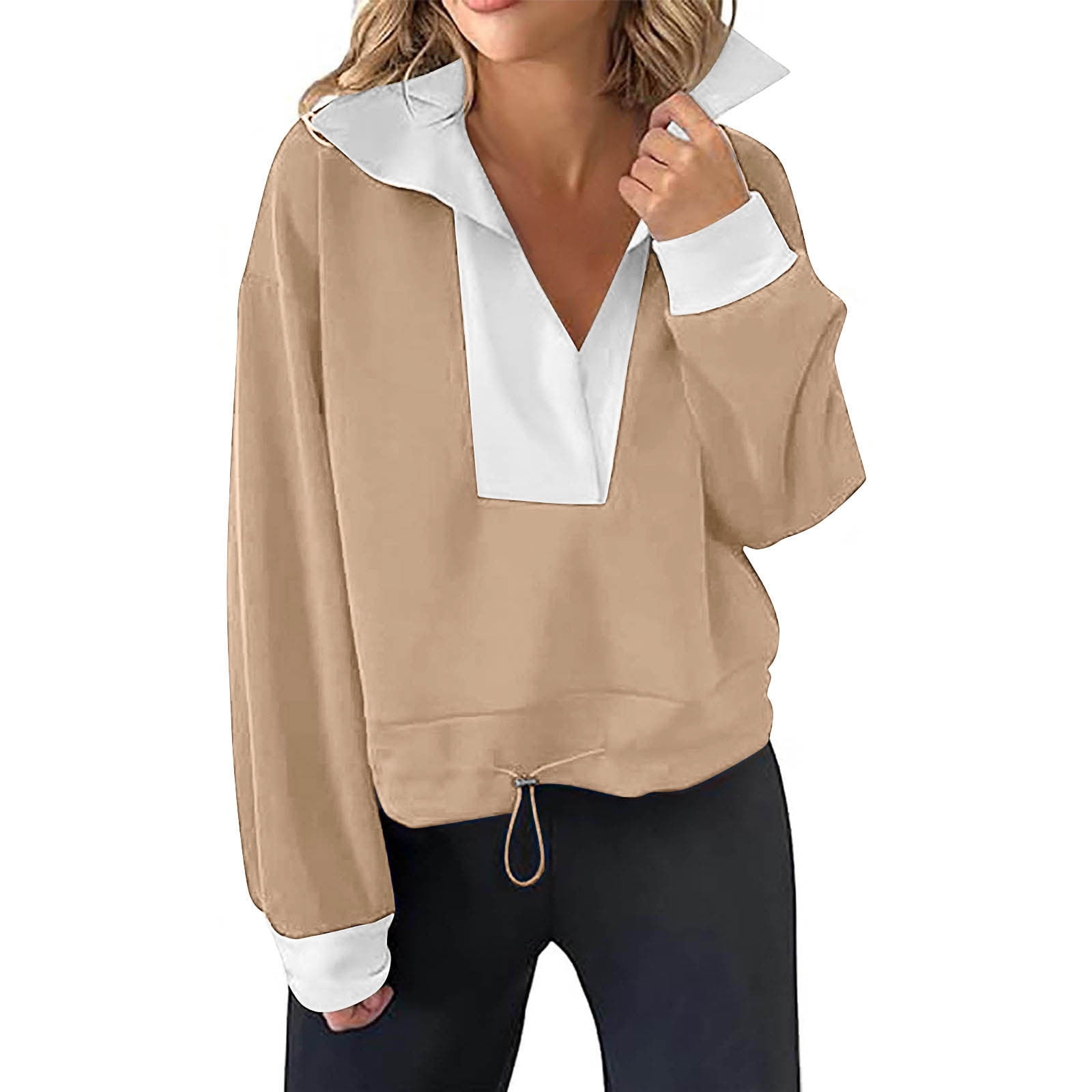 Color Block Blosues for Women’s Lapel Long Sleeve Pullover Sweater ...