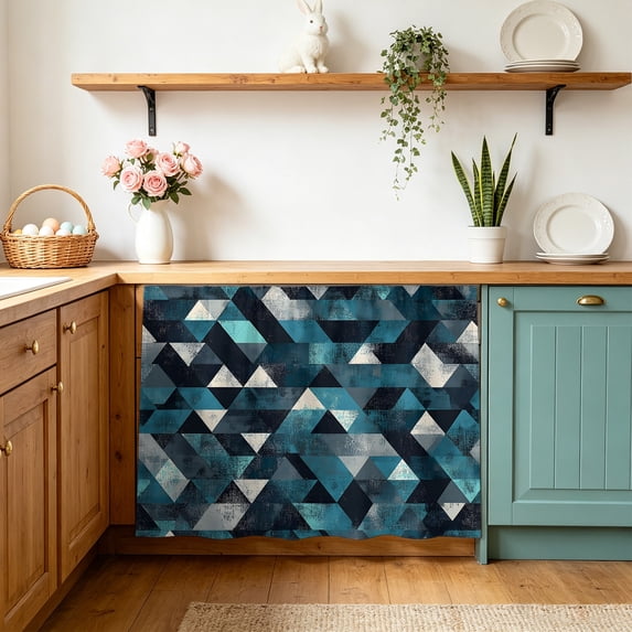 Color Block Cabinet Curtains 28" W x 35" L, Blue White Check Abstract ...