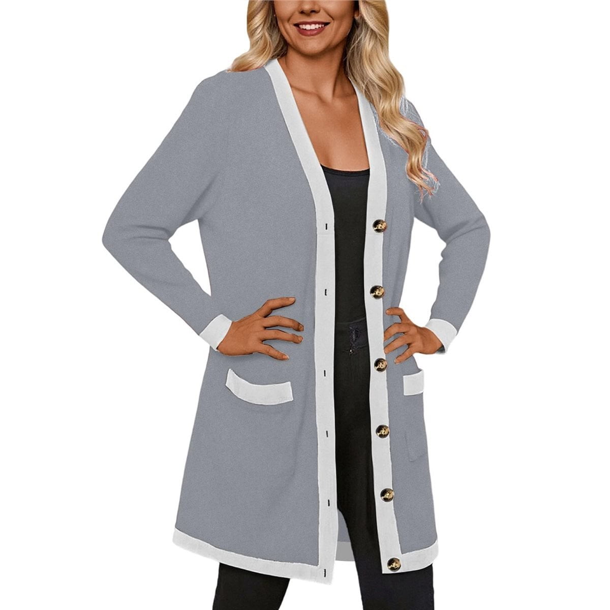 Color Block Cardigan Sweater Button Front Contrast Trim Casual Spring ...