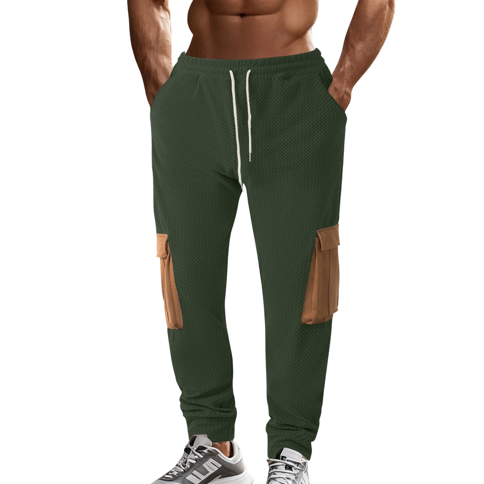 Color Block Cargo Pants for Men Long Stretch Drawstring Pants with ...