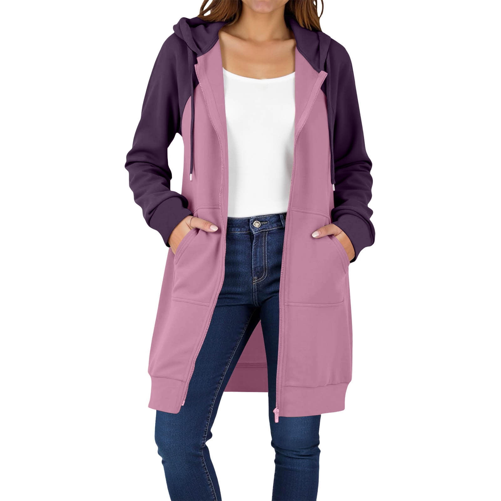 Color Block Coats for Women Thickened Fleece Winter Casual Zipper Long ...
