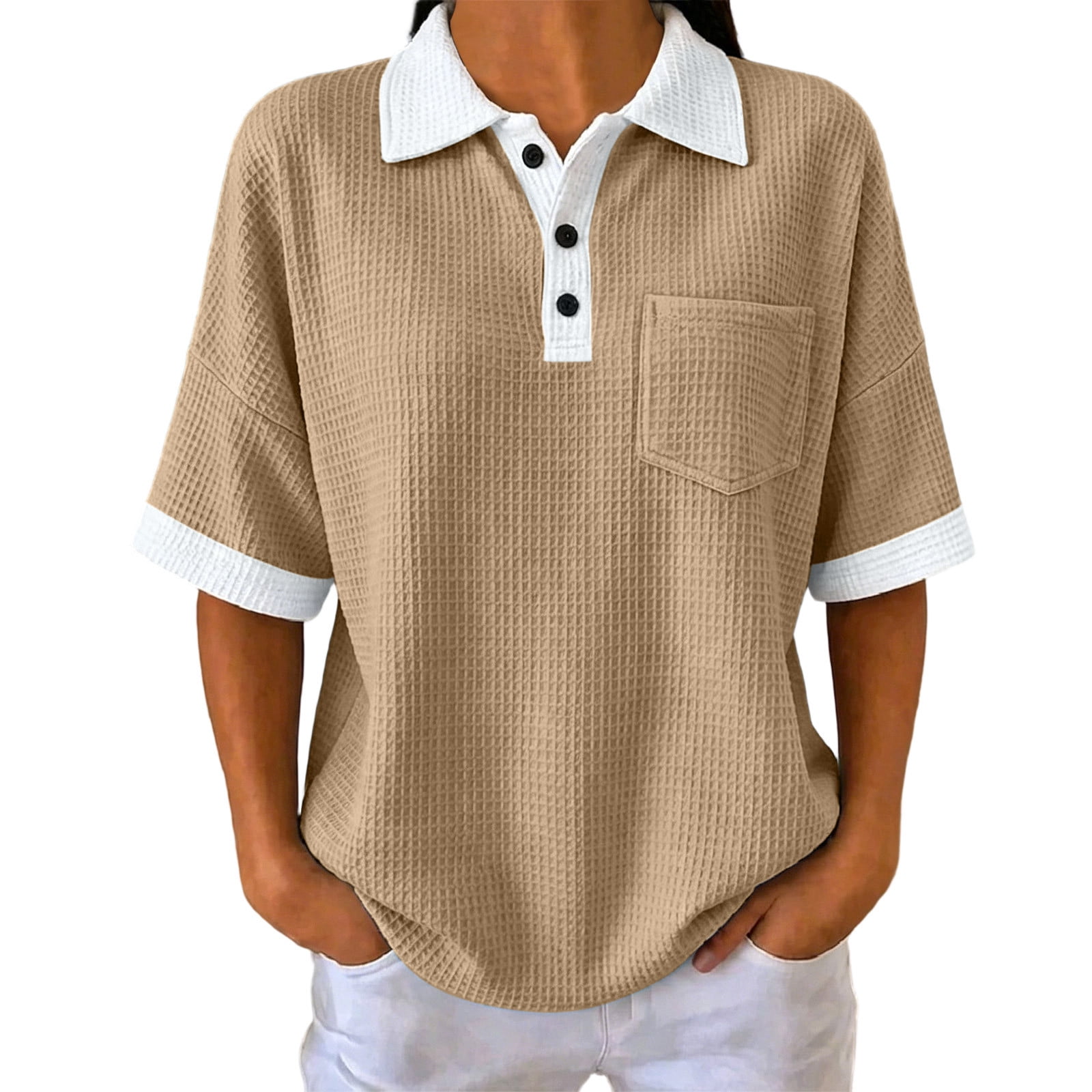 Color Block Contrast Collar Cuff Waffle Knit Polo Shirt Chest Pocket ...