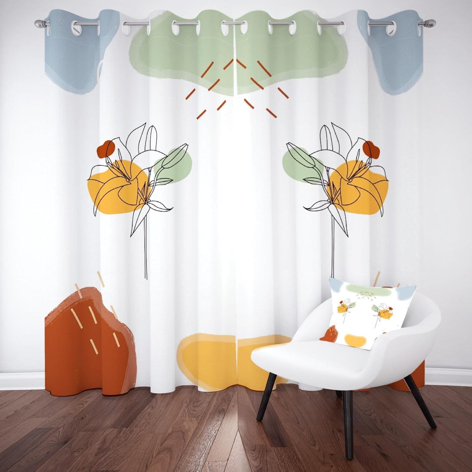 Color Block Curtains For Living Room, Boho Abstract Floral Drapes, Mid ...