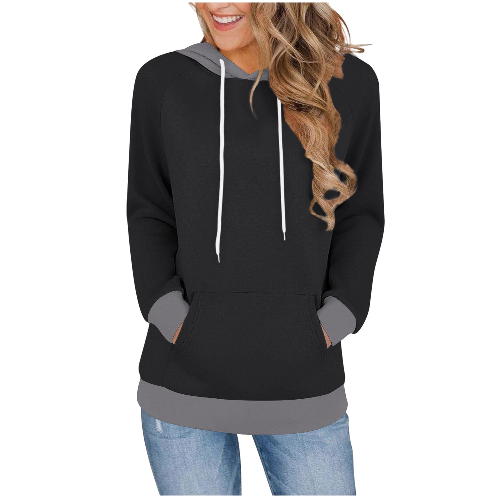 Color Block Drawstring Hoodies for Women with Pocket Comfy Long Sleeve ...