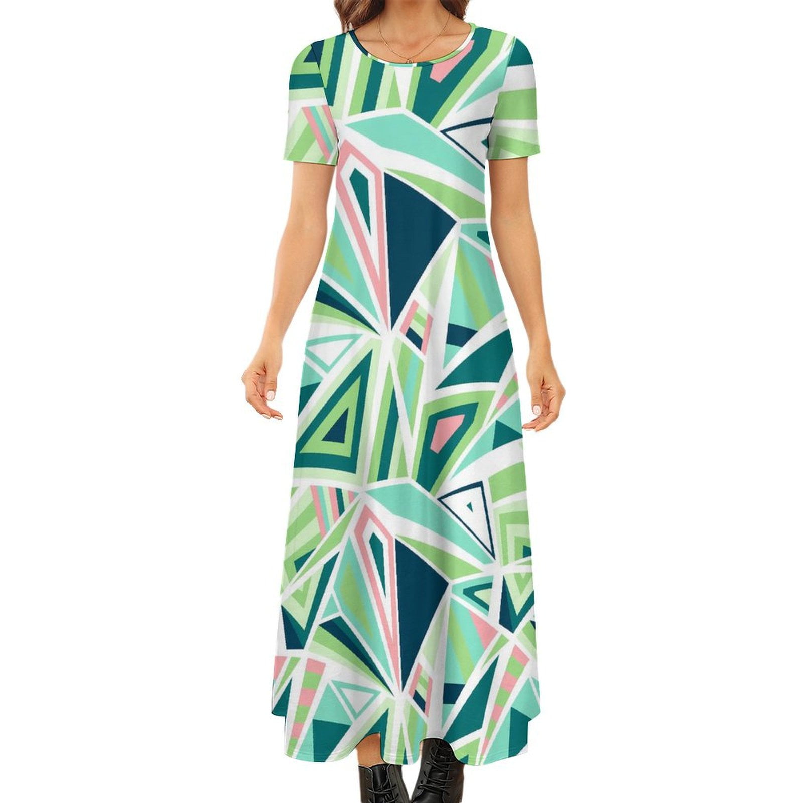 Color Block Dress Colorful Stripes Party Maxi Dress Womens Short Sleeve ...