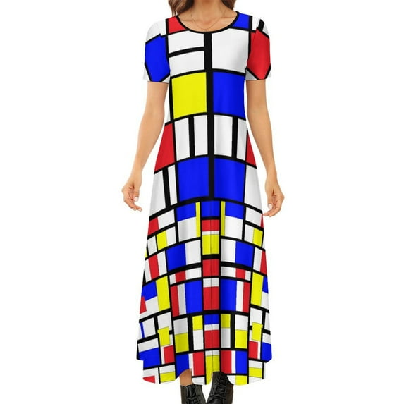 Color Block Dress Colorful Stripes Party Maxi Dress Womens Short Sleeve ...