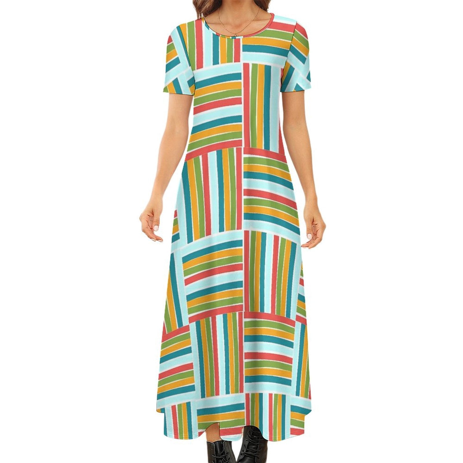 Color Block Dress Colorful Stripes Party Maxi Dress Womens Short Sleeve ...