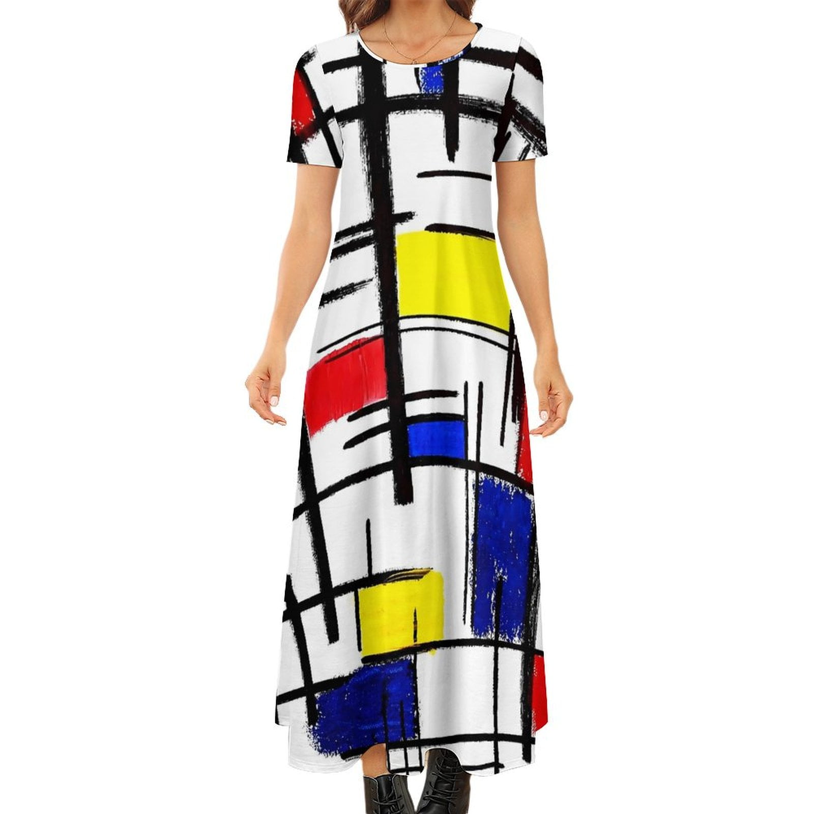 Color Block Dress Colorful Stripes Party Maxi Dress Womens Short Sleeve ...