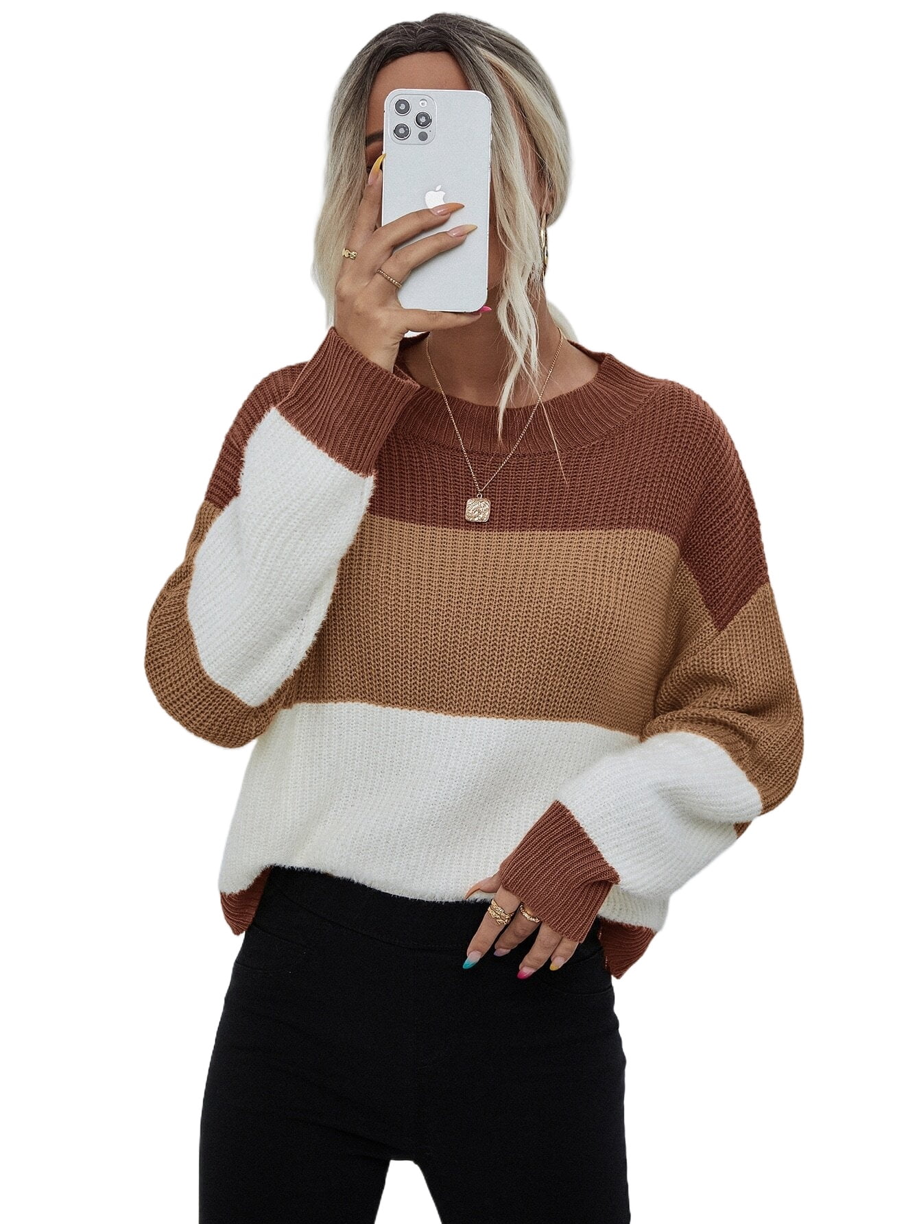 Color Block Drop Shoulder Sweater,Long Sleeve Tops Knit Pullover Fall ...
