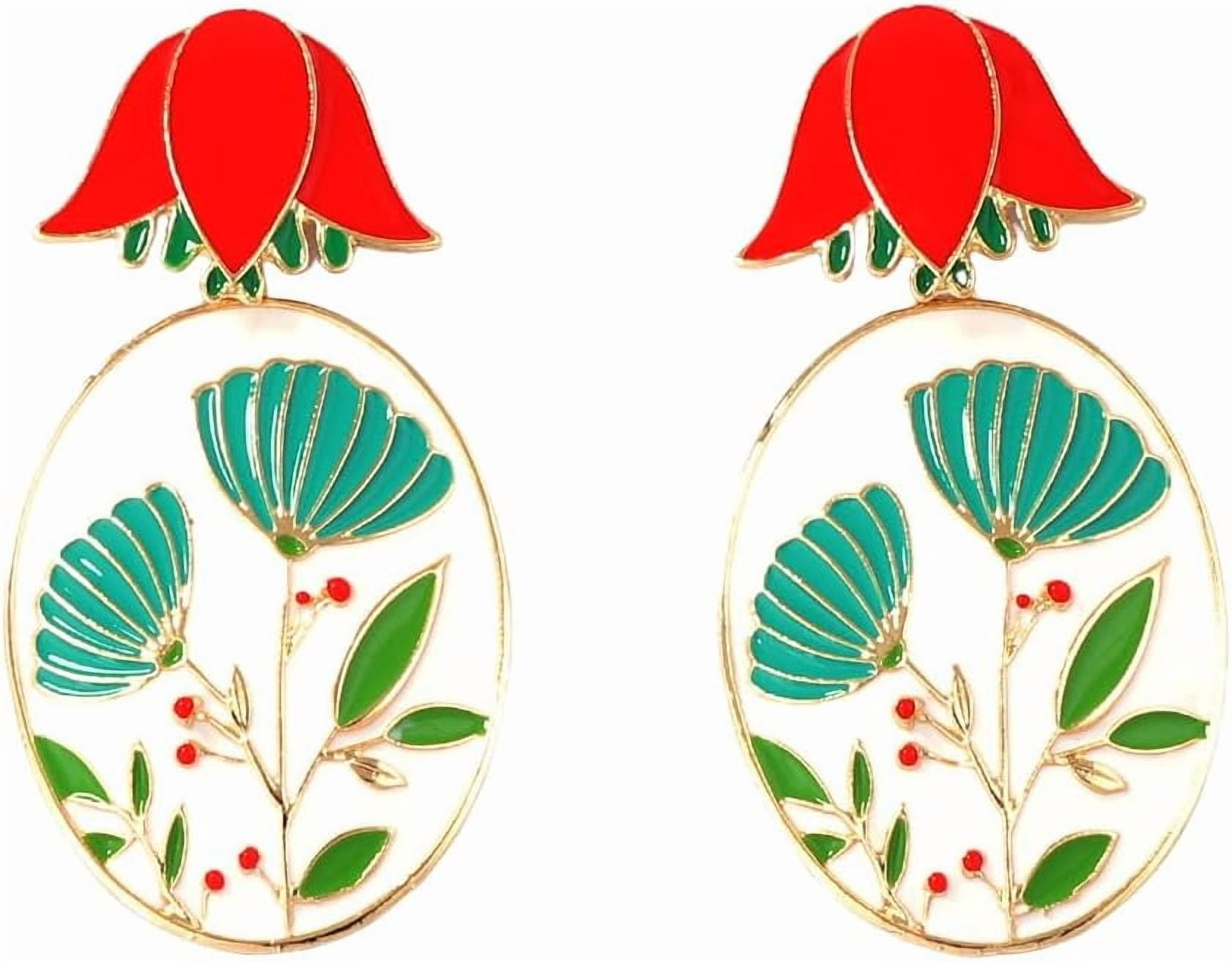 Color-Block Floral Oval Drop Earrings Contrast Bloom Oval Dangles ...