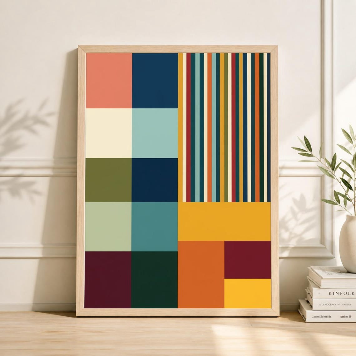 Color Block Geometric Poster, Multicolor Stripes, Grid Wall Art, Mid ...