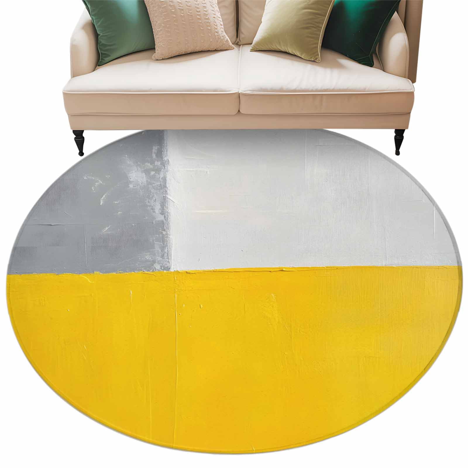 Color Block Gray Yellow Round Area Rug 8ft Geometric Non-Slip Washable ...