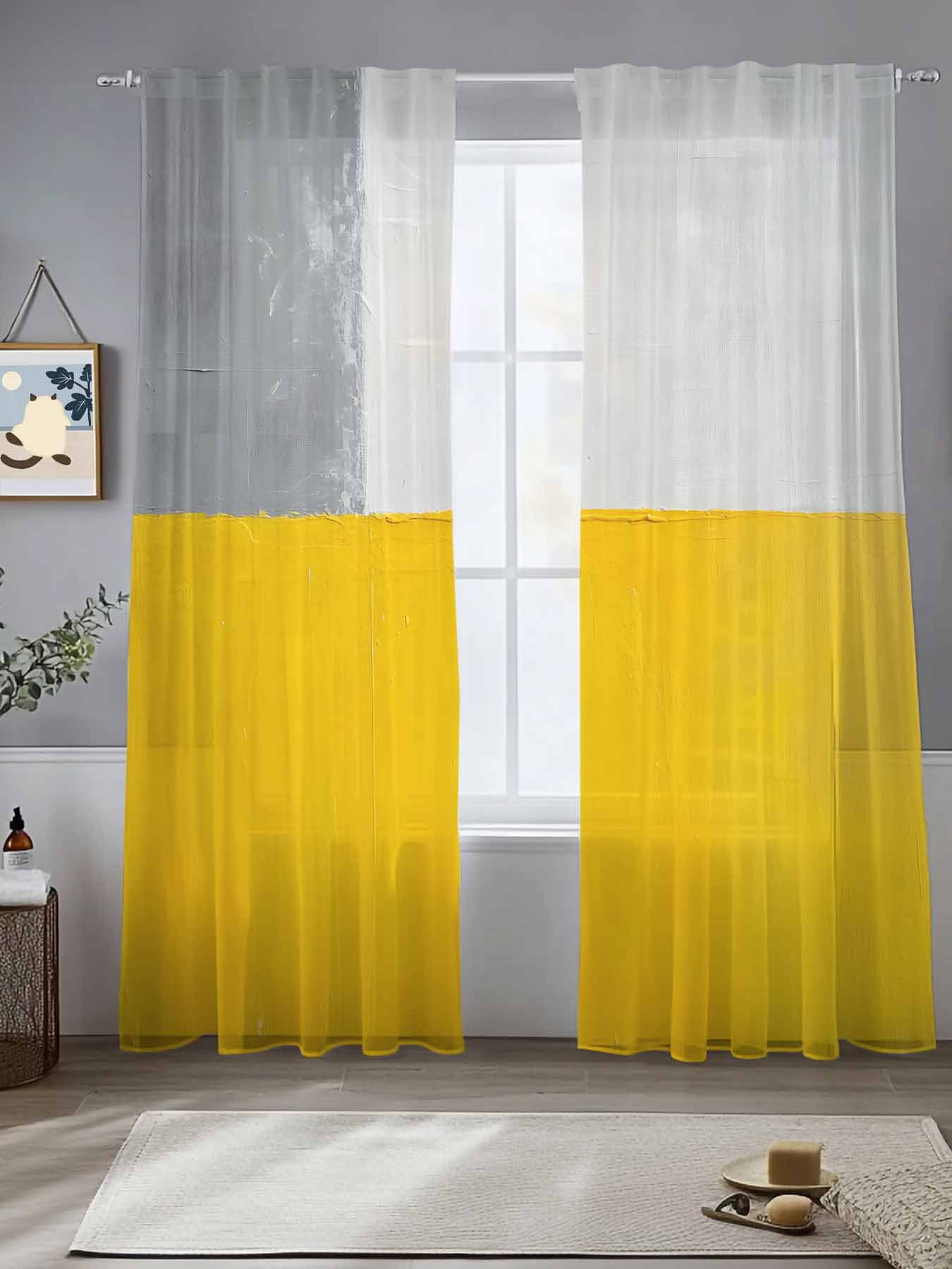 Color Block Gray Yellow Sheer Curtains 96 Inches Long 2 Panels ...