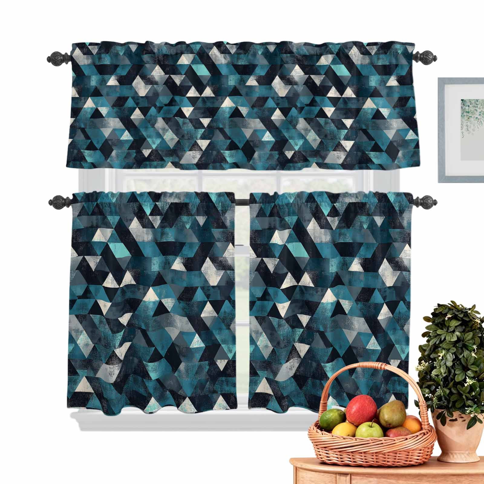 Color Block Kitchen Curtains Valances 3 Piece Set, Blue White Check ...