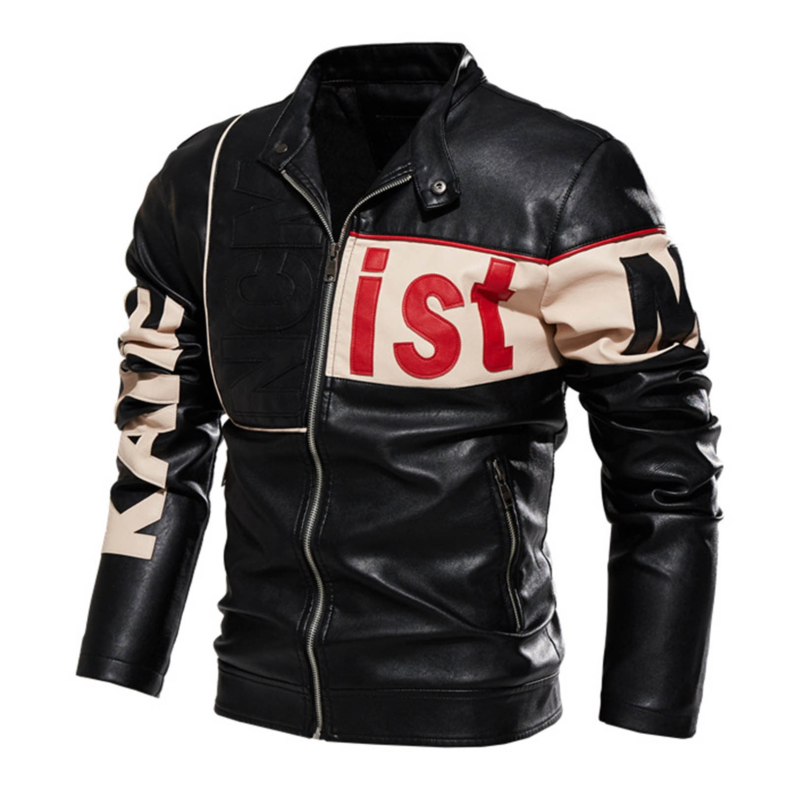Color Block Leather Jacket Men Stand Collar Biker Coat Full Zip ...
