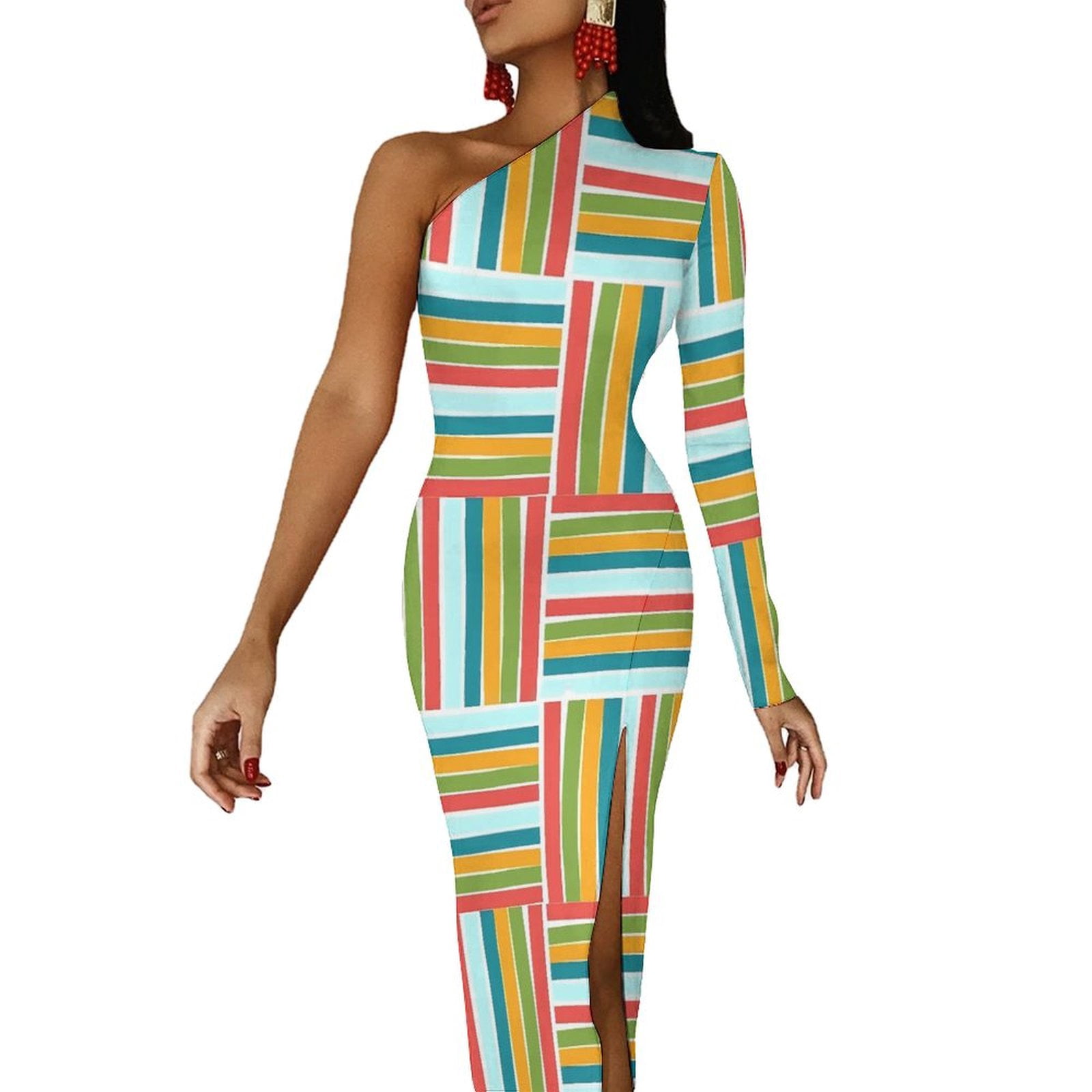 Color Block Maxi Dress Long Sleeve Checkerboard Vintage Bodycon Dress ...