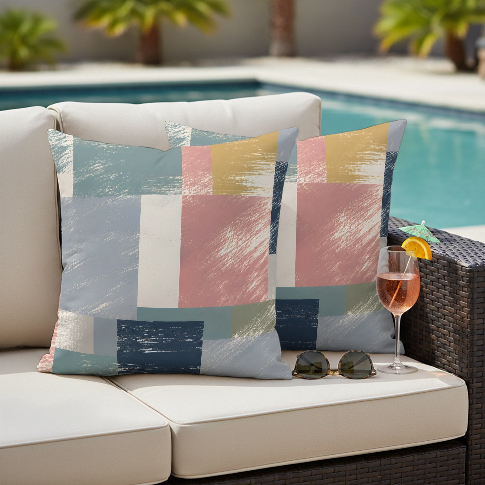 Color Block Outdoor Waterproof Throw Pillow Covers Set of 2, 16"x16 ...