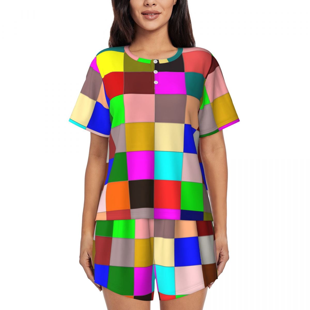 Color Block Pajamas Short Sleeve Checkerboard 2 Pieces Casual Pajamas ...