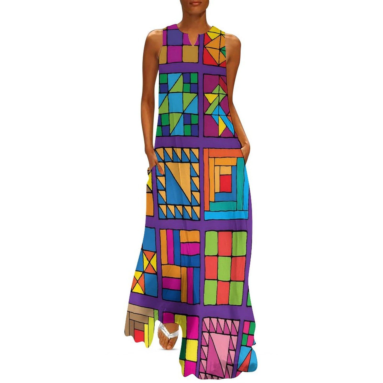 Color Block Print Dress Abstract Art Beach Maxi Dress Street Style ...