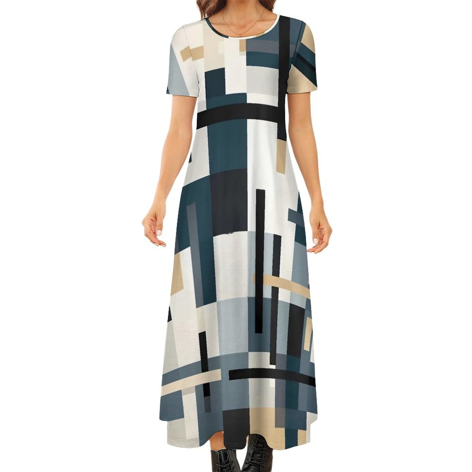 Color Block Print Dress Green Triangle Funny Bohemia Long Dresses ...