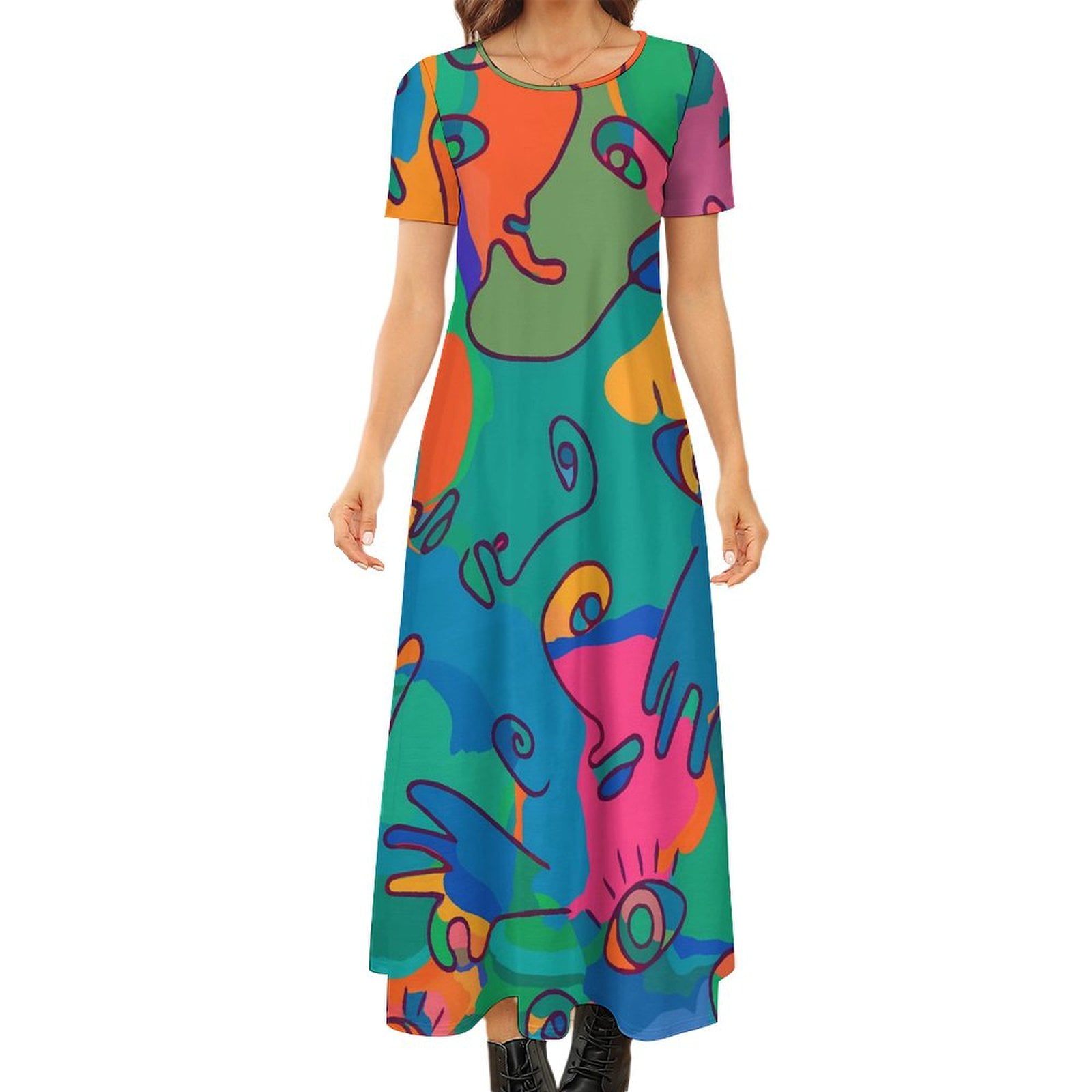 Color Block Print Dress Green Triangle Funny Bohemia Long Dresses ...