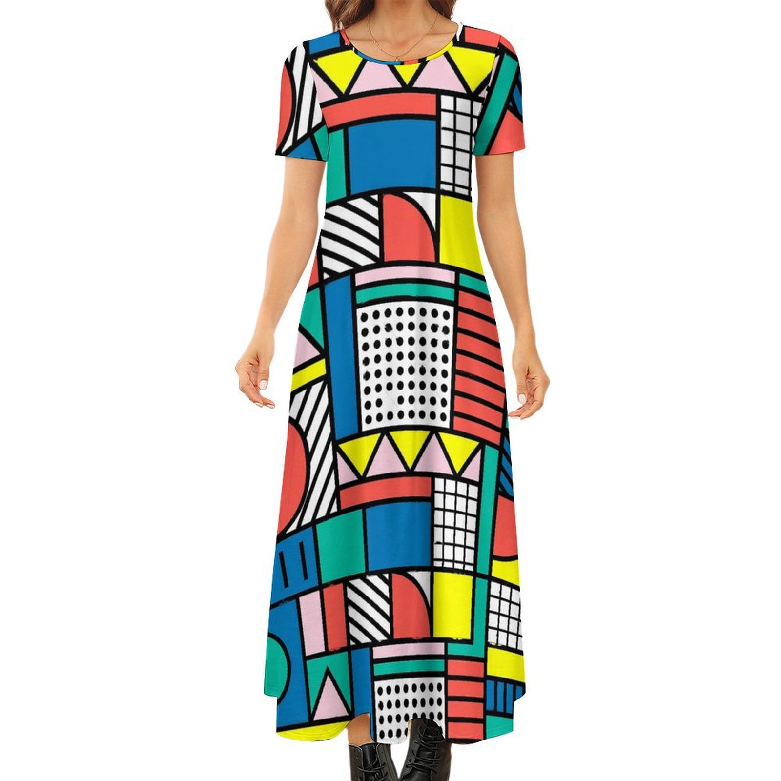 Color Block Print Dress Green Triangle Funny Bohemia Long Dresses Female Modern Maxi Dress Big ...