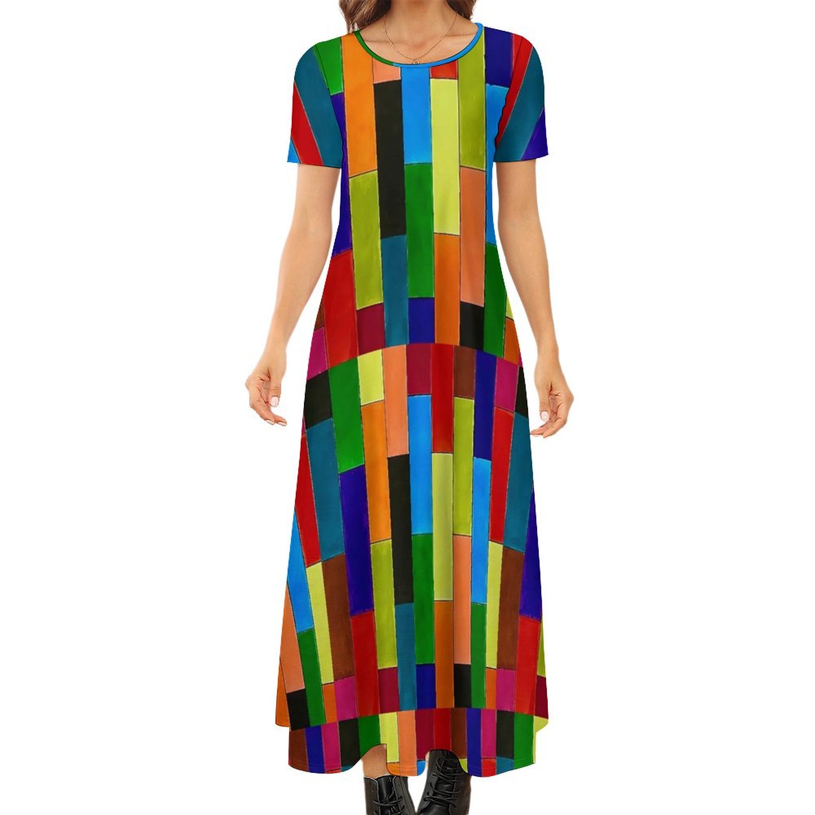 Color Block Print Dress Green Triangle Funny Bohemia Long Dresses ...