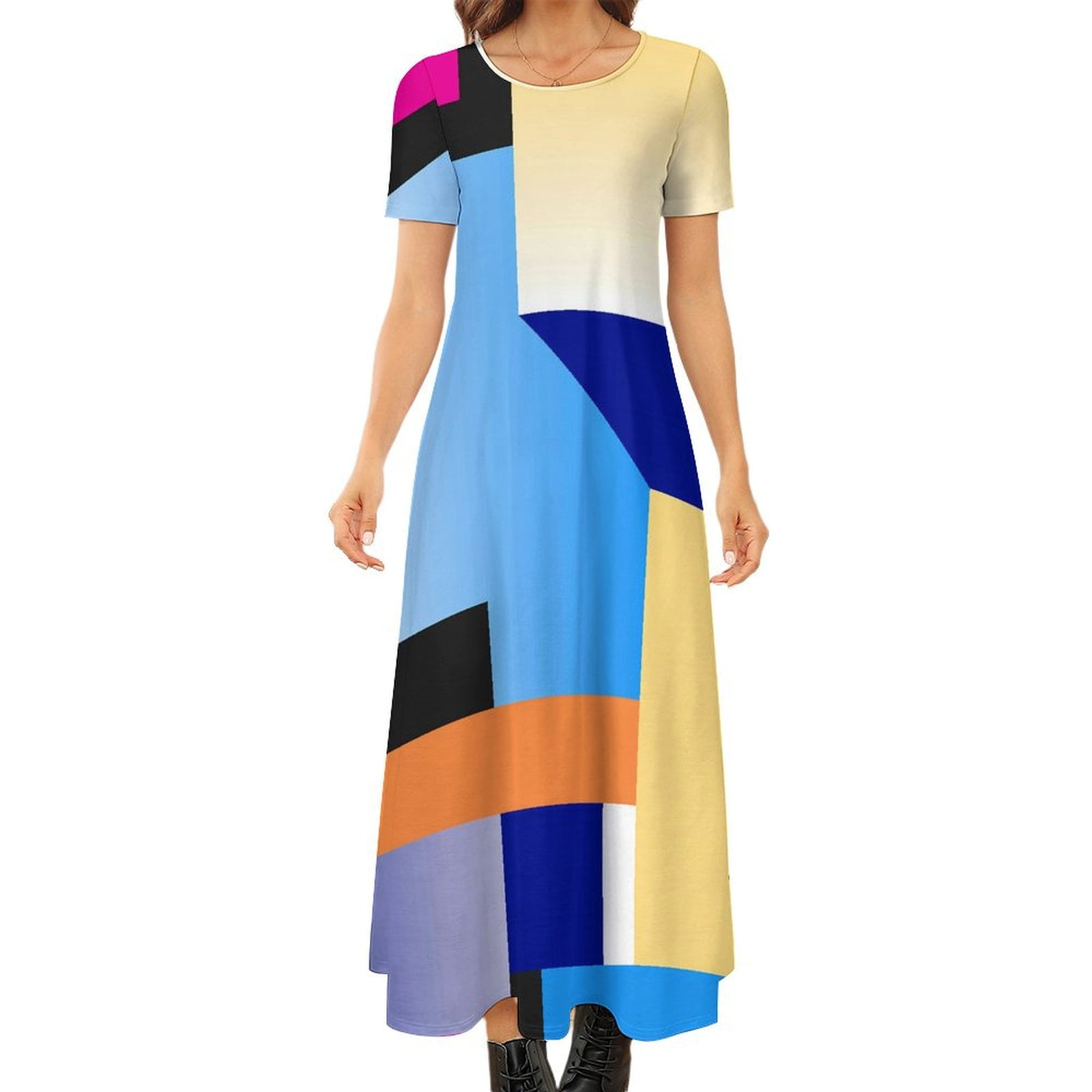 Color Block Print Dress Green Triangle Funny Bohemia Long Dresses ...