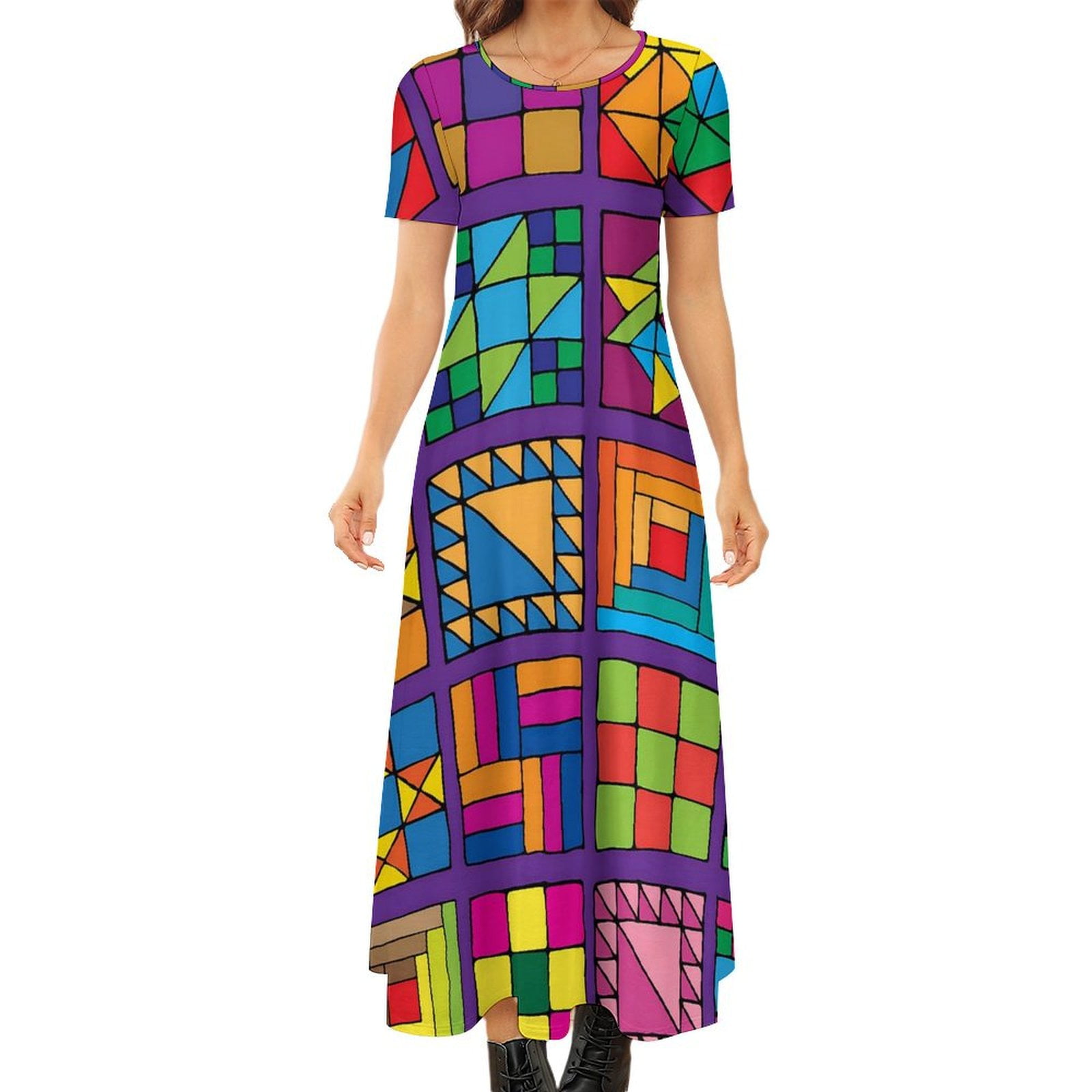 Color Block Print Dress Green Triangle Funny Bohemia Long Dresses ...