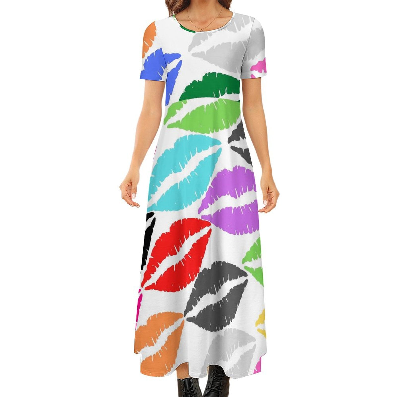 Color Block Print Dress Green Triangle Funny Bohemia Long Dresses ...