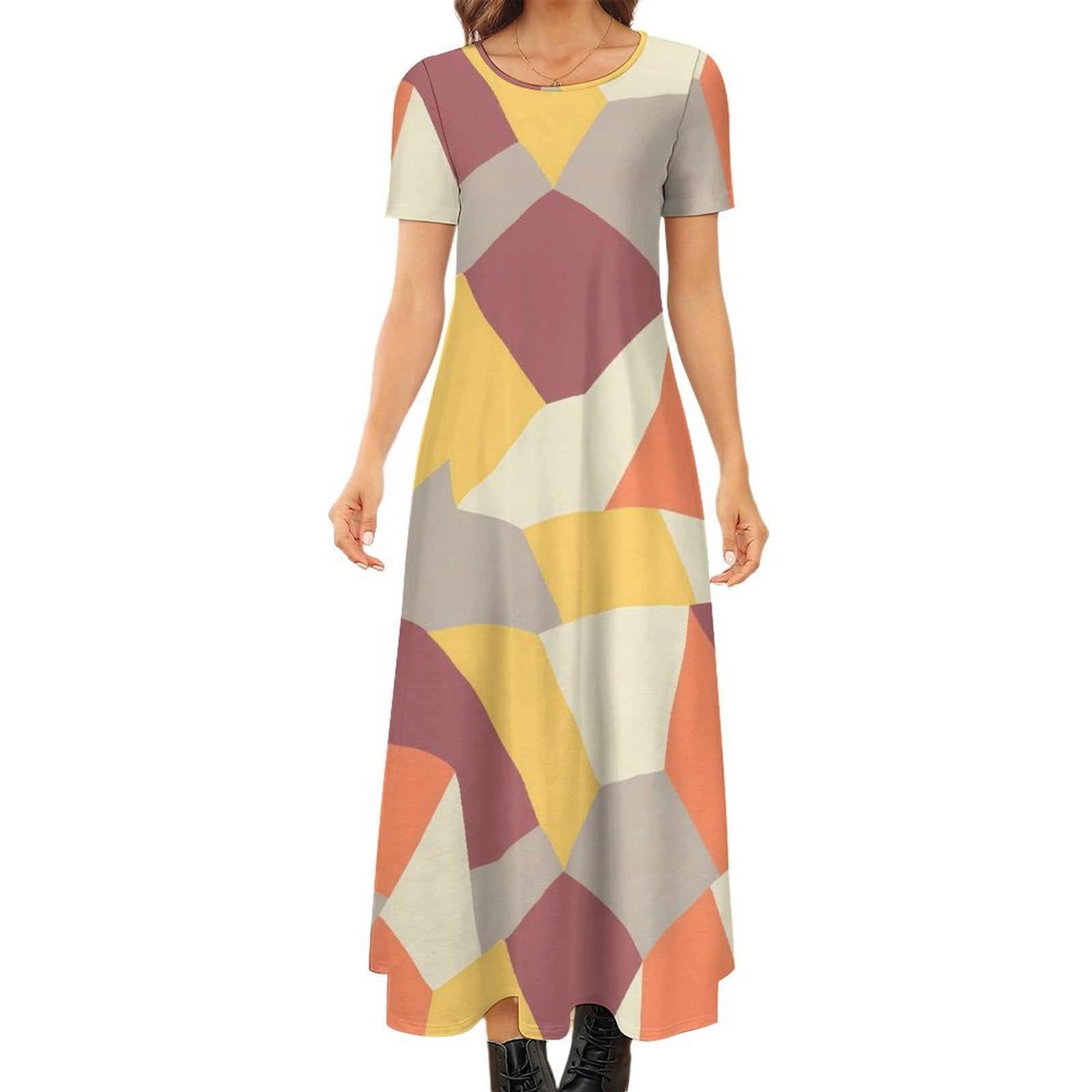 Color Block Print Dress Green Triangle Funny Bohemia Long Dresses ...