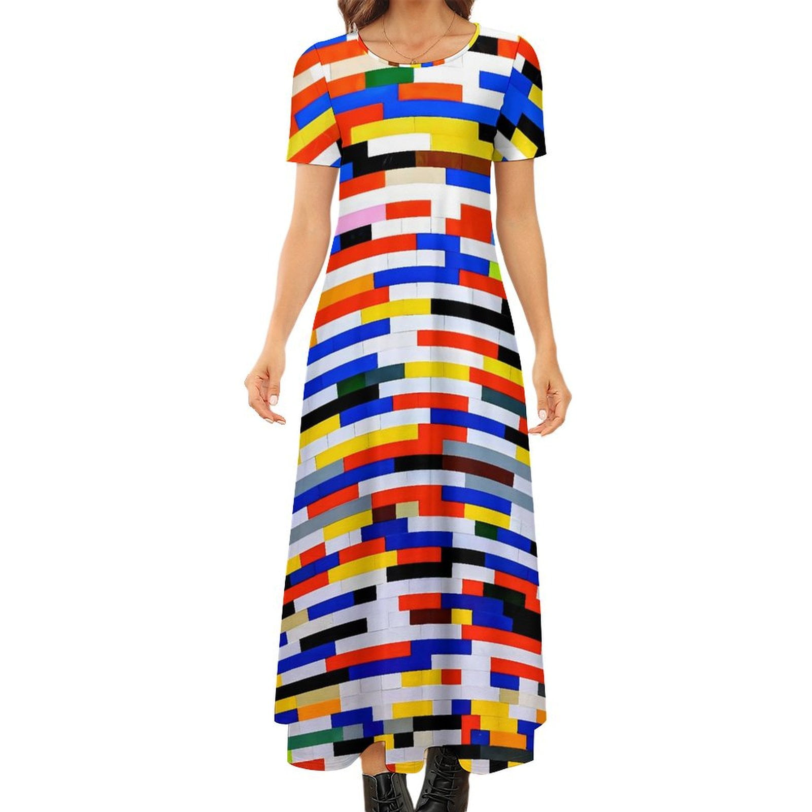 Color Block Print Dress Green Triangle Funny Bohemia Long Dresses ...