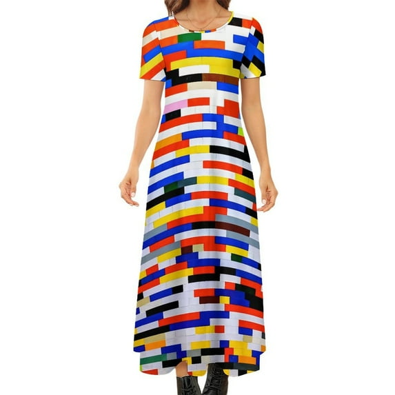 Color Block Print Dress Green Triangle Funny Bohemia Long Dresses ...