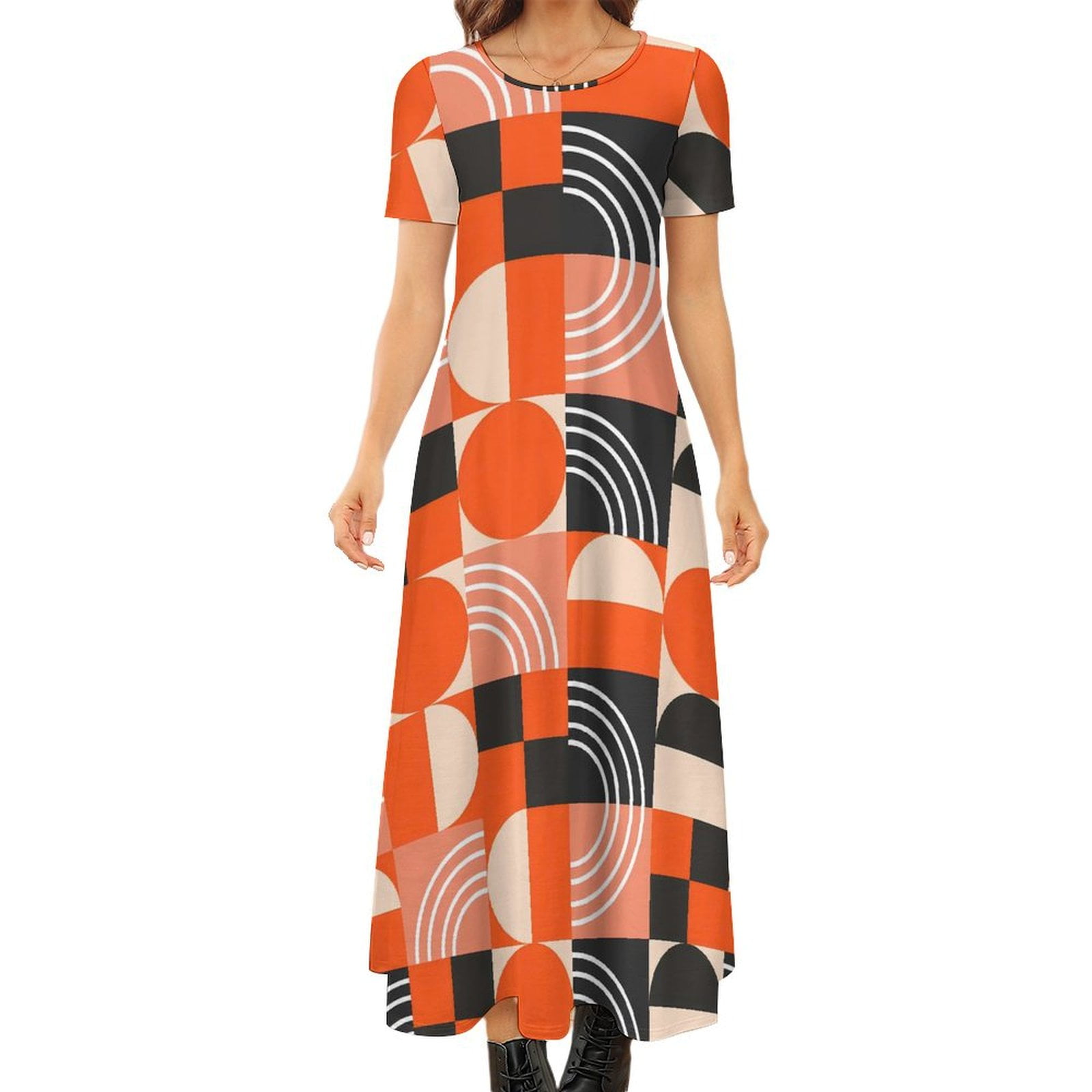 Color Block Print Dress Green Triangle Funny Bohemia Long Dresses Female Modern Maxi Dress Big ...