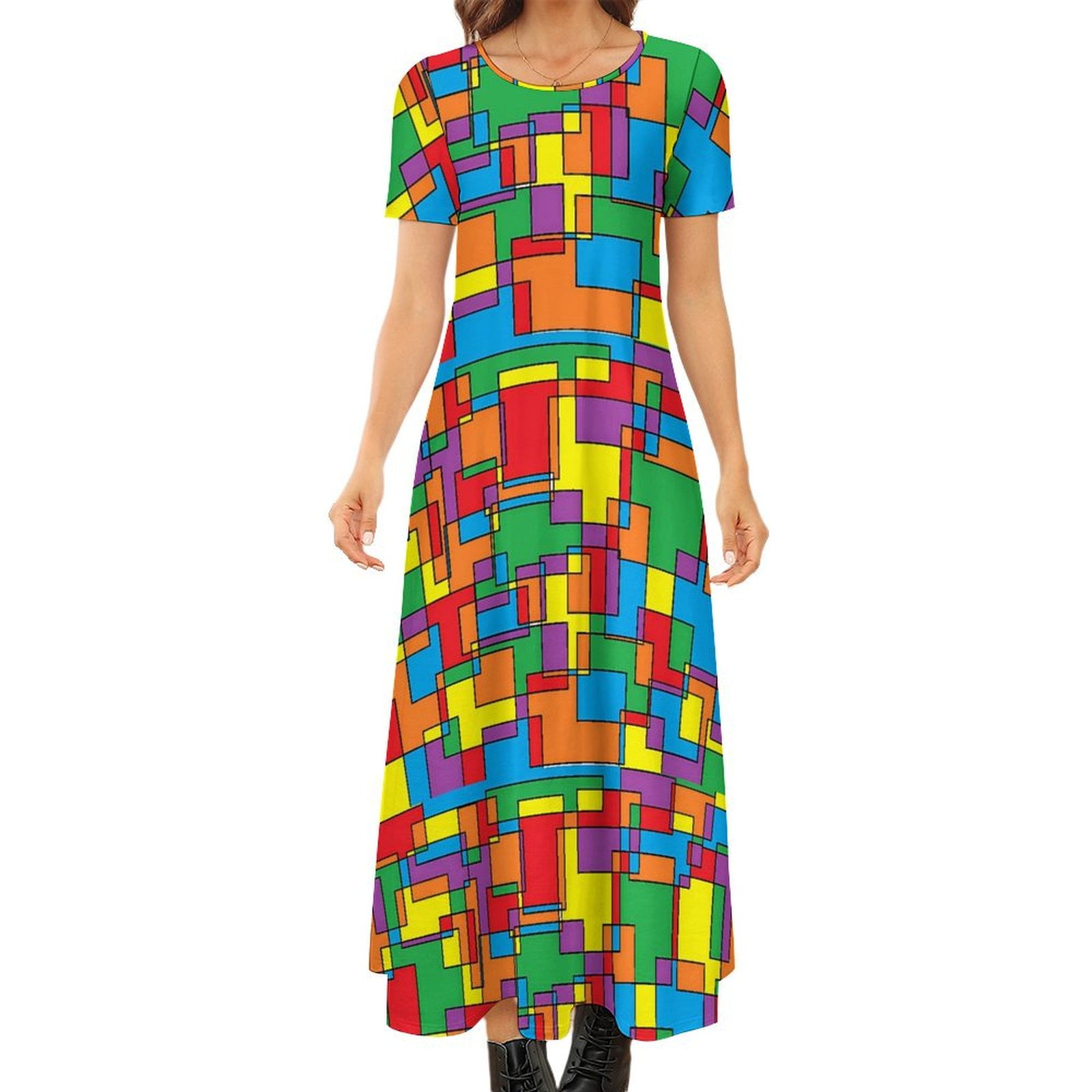 Color Block Print Dress Green Triangle Funny Bohemia Long Dresses ...