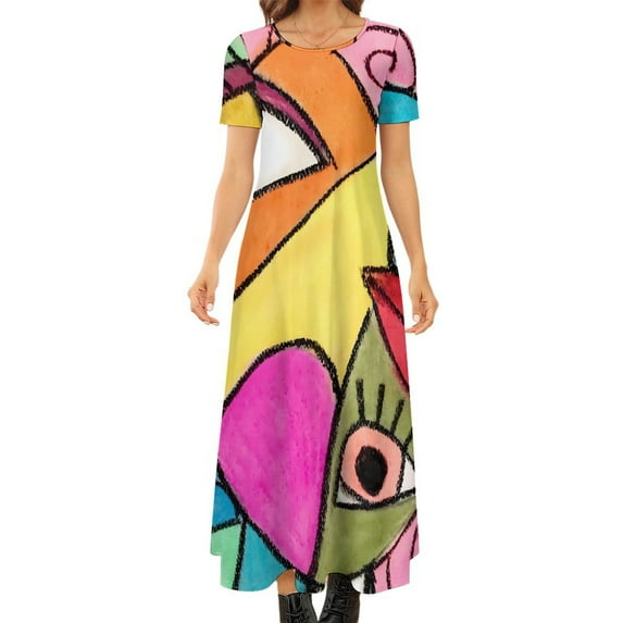 Color Block Print Dress Green Triangle Funny Bohemia Long Dresses ...