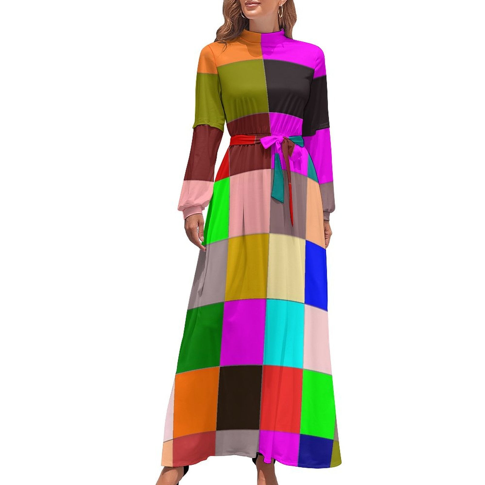 Color Block Print Dress Long Sleeve Green Triangle Kawaii Maxi Dress ...