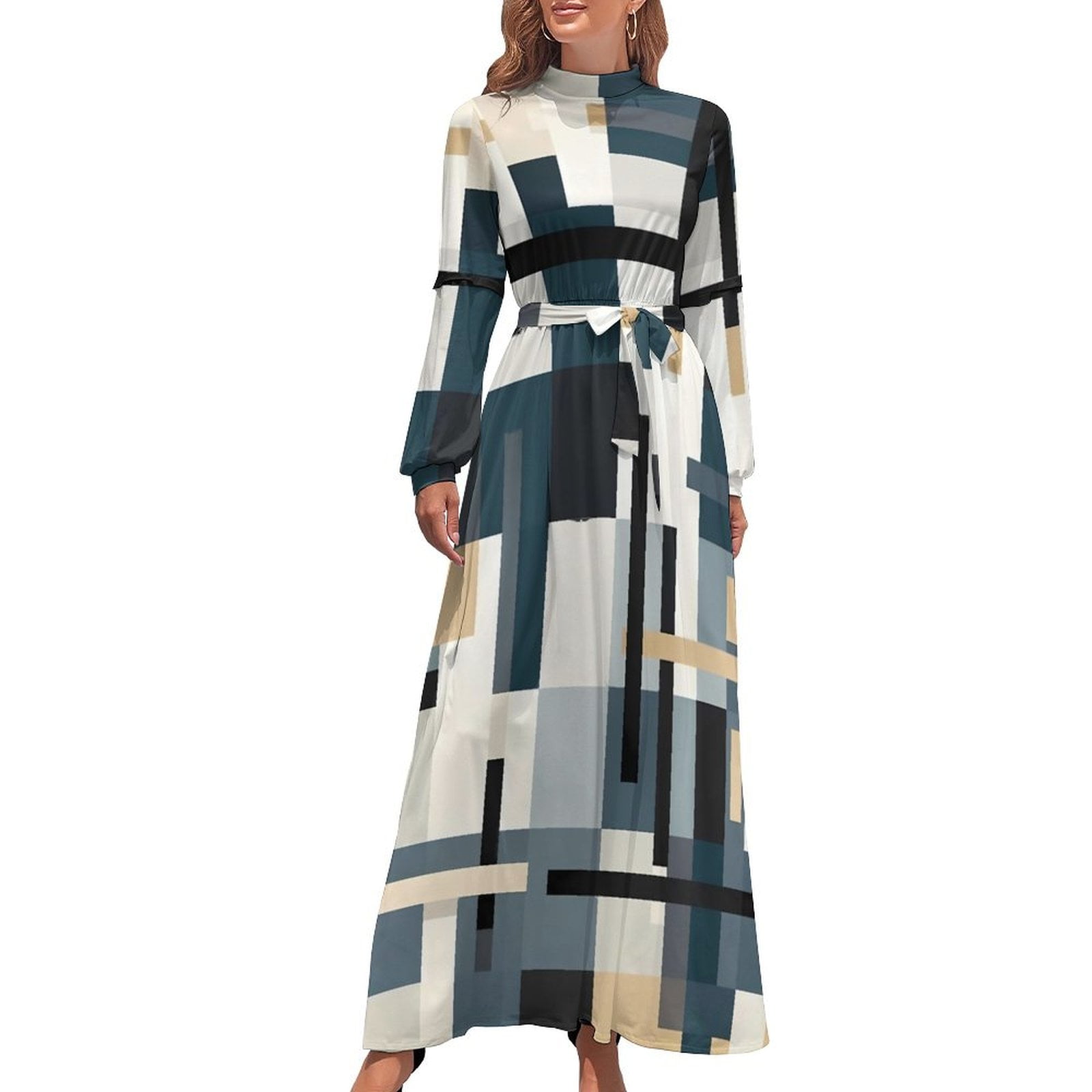 Color Block Print Dress Long Sleeve Green Triangle Kawaii Maxi Dress ...