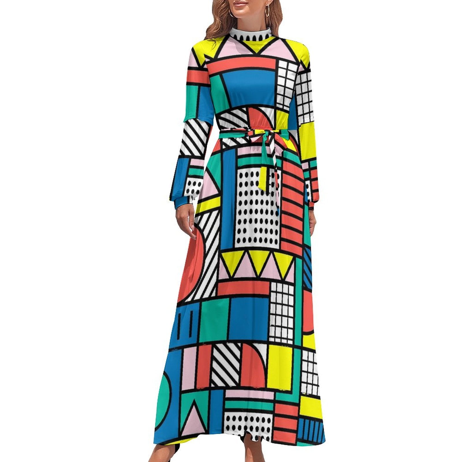 Color Block Print Dress Long Sleeve Green Triangle Kawaii Maxi Dress ...