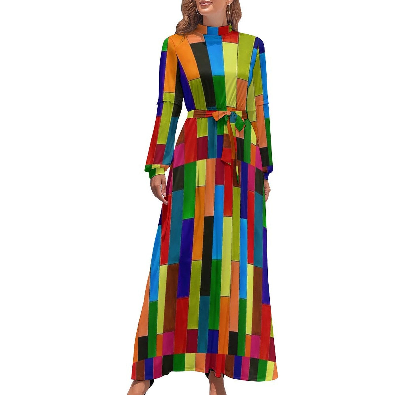 Color Block Print Dress Long Sleeve Green Triangle Kawaii Maxi Dress ...