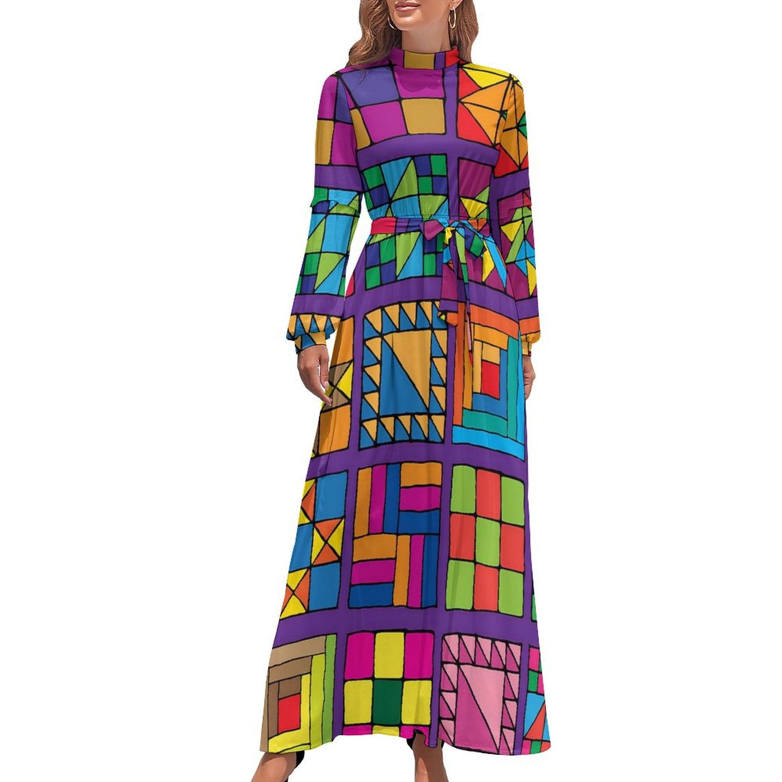 Color Block Print Dress Long Sleeve Green Triangle Kawaii Maxi Dress ...
