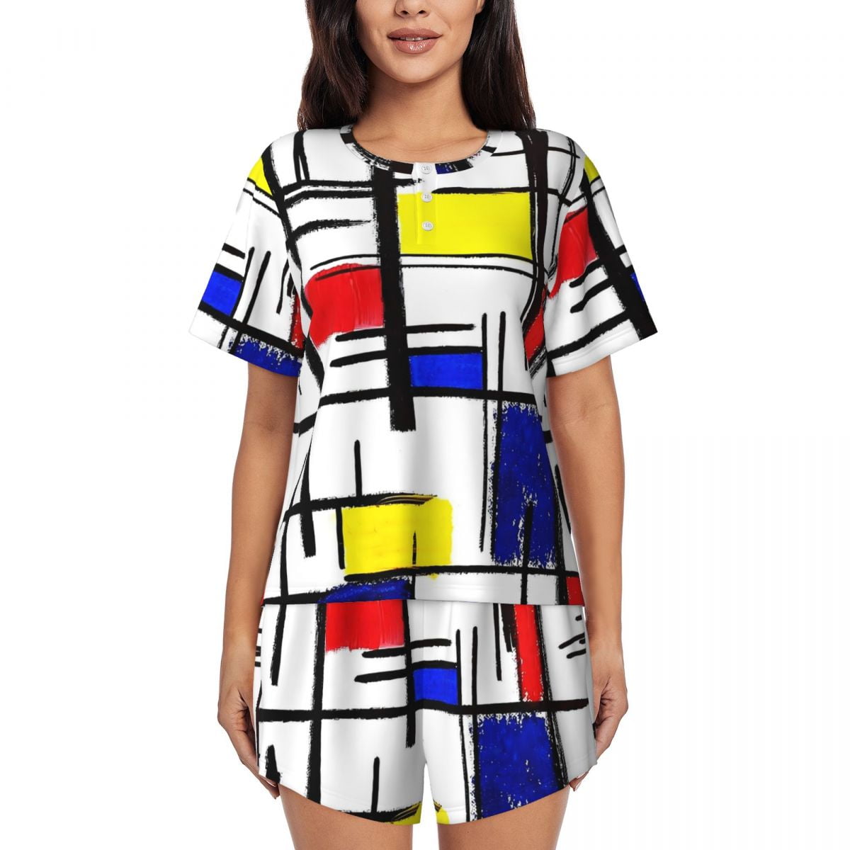 Color Block Print Pajamas Abstract Shape Home O Neck Sleepwear Women 2 ...