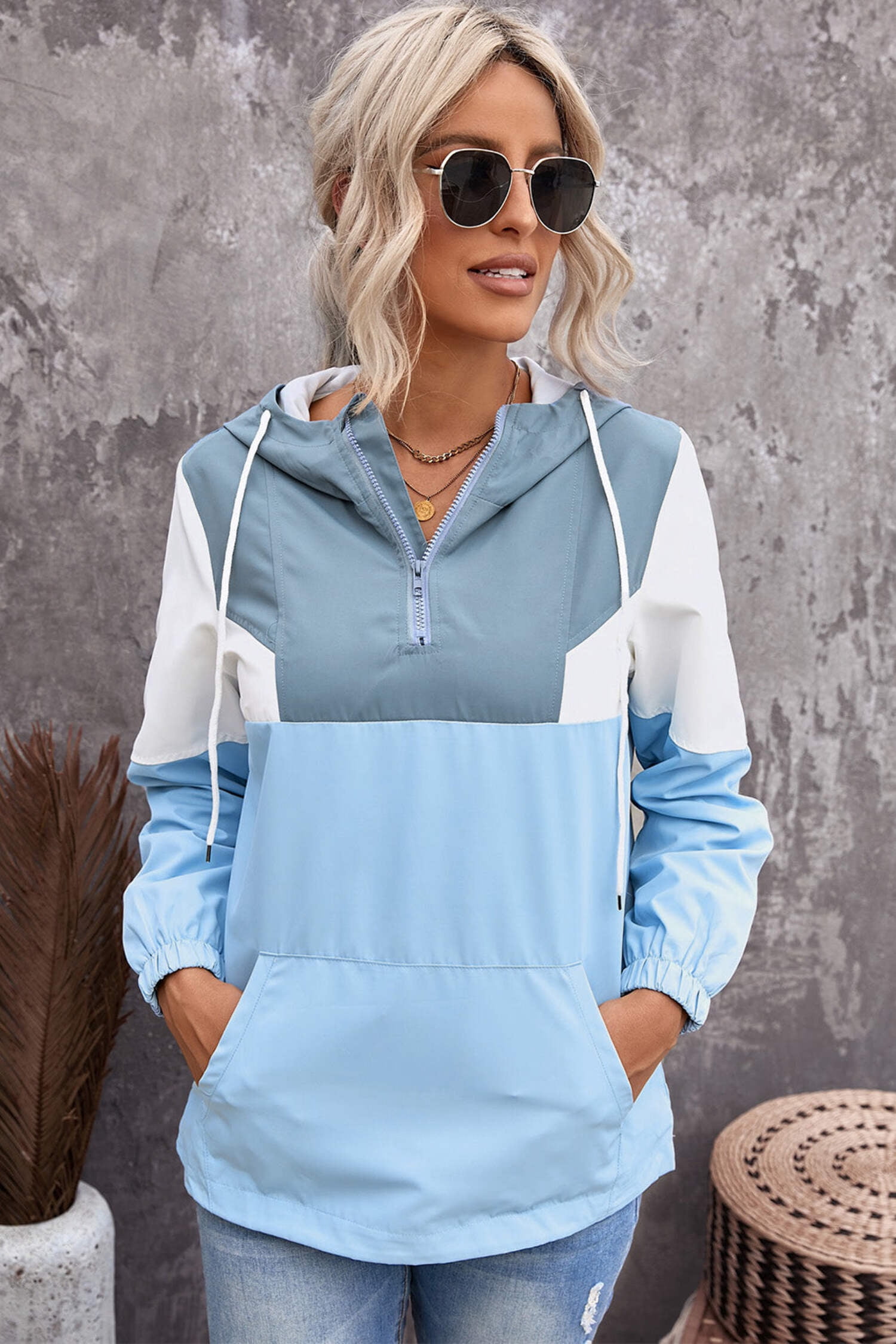 Color Block Quarter-Zip Drawstring Hoodie - Walmart.com