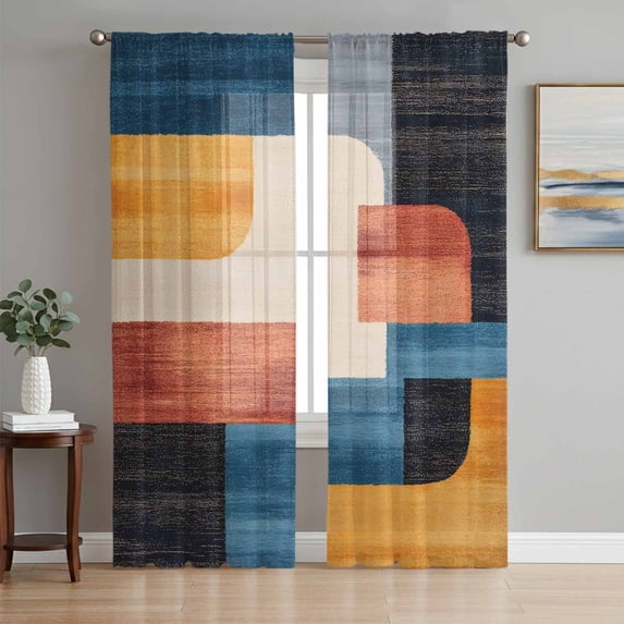 Color Block Retro Sheer Curtains 84 Inch Length 2 Panels Set, Abstract ...